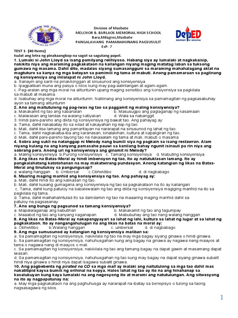 2nd Quarter Exam EsP7 | PDF