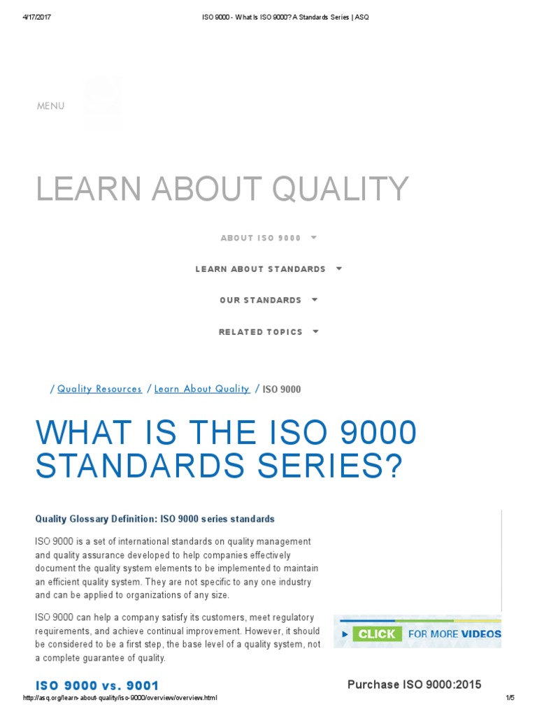 ISO 9000 - What Is ISO 9000 - A Standards Series - ASQ | PDF | Iso 9000 ...