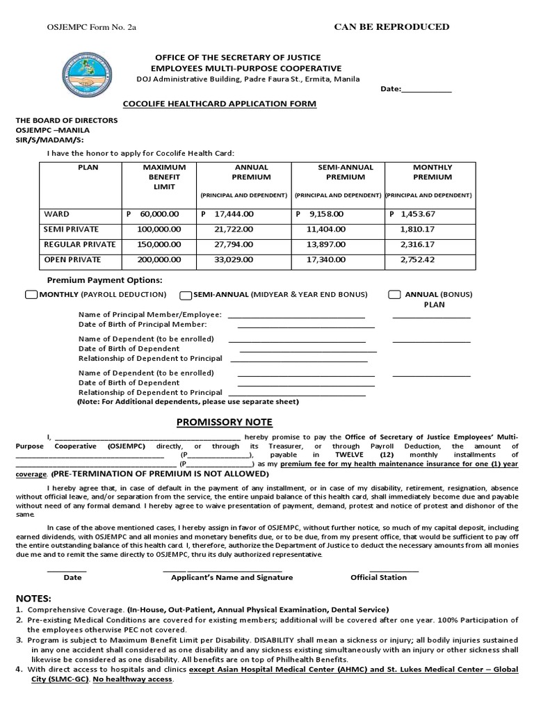 Application Form - COCOLIFE HEALTHCARD | PDF | Health Care | Government