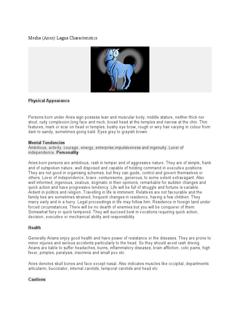 Mesha (Aries) Lagna Characteristics: Physical Appearance | PDF | Nature