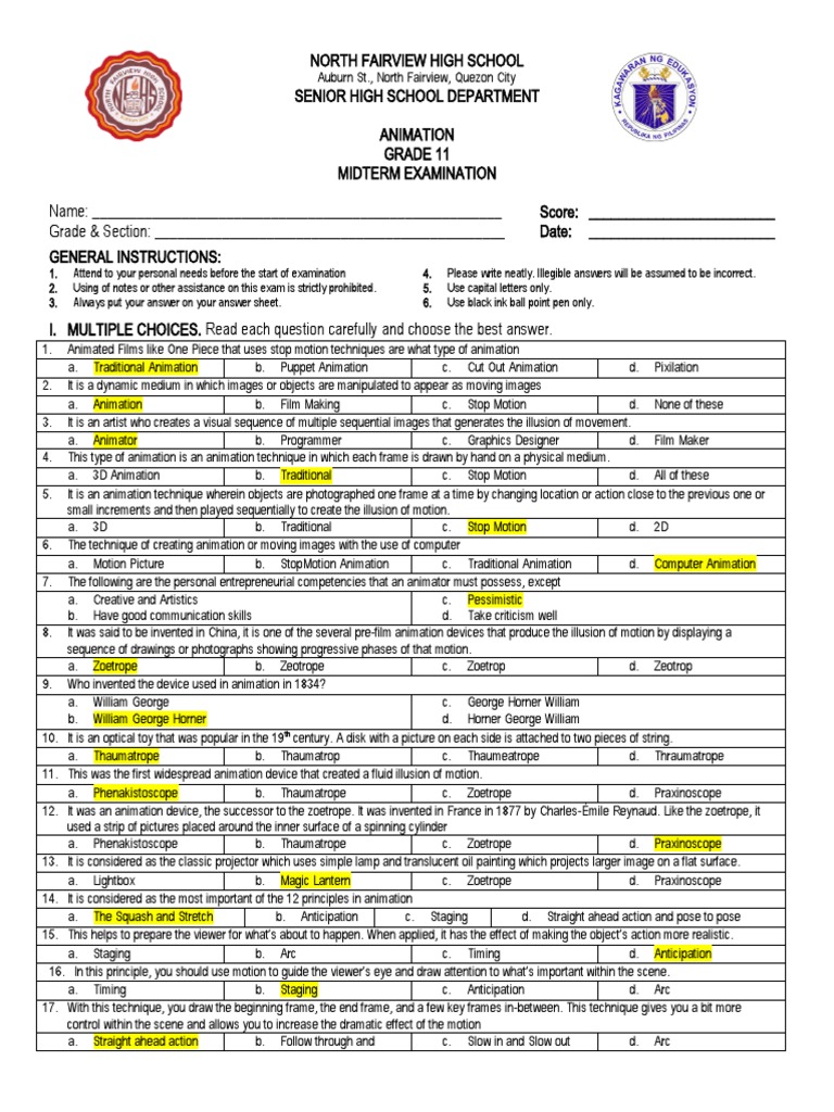Animation Multiple Choice Exam With Answers | PDF | Animation | Art Media