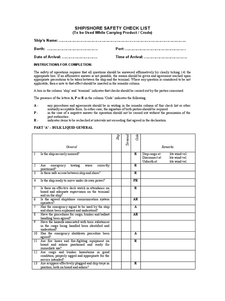 Ship/Shore Safety Checklist | PDF | Oil Tanker | Ships