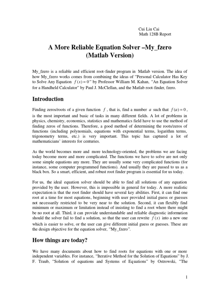 A More Reliable Equation Solver - My - Fzero (Matlab Version) | PDF | Equations | Discrete ...