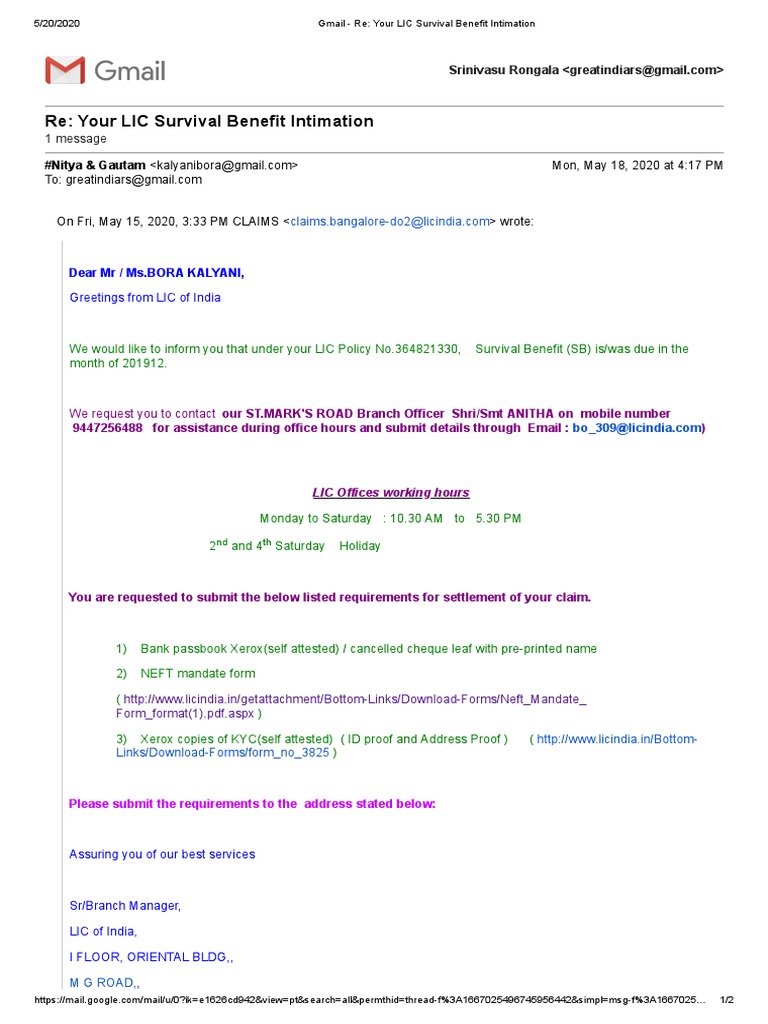 LIC Survival Benefit Intimation | PDF | Computer Mediated Communication ...