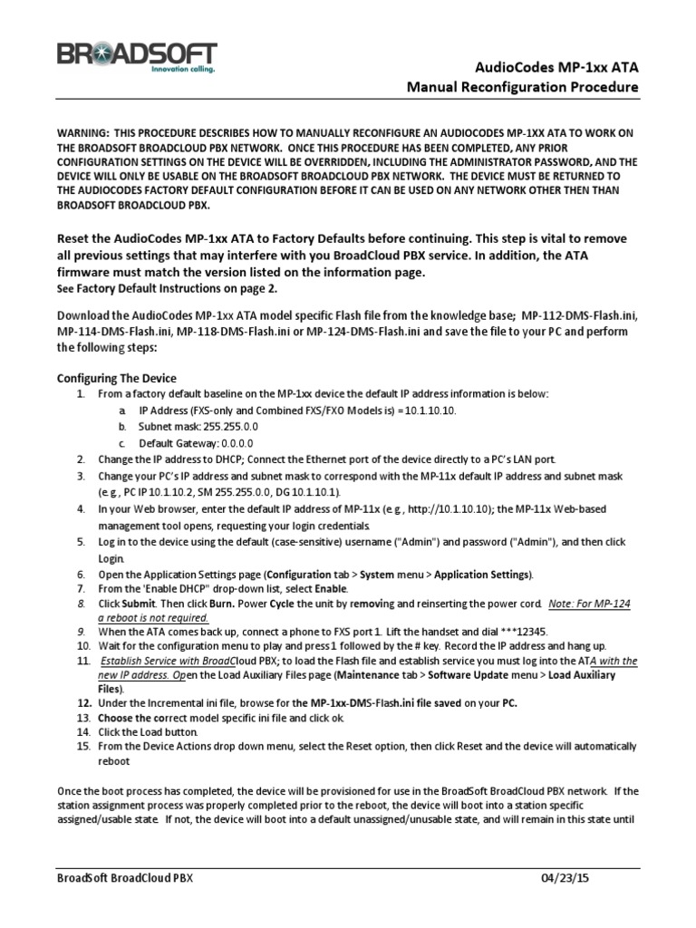 AudioCodes MP-1xx ATA BroadCloud Setup | PDF | Ip Address | Booting