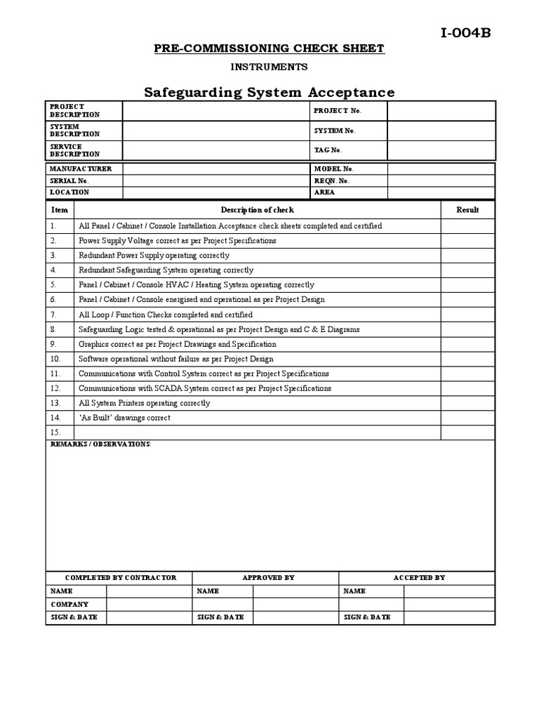 Pre-Commissioning Check Sheet: Instruments | PDF