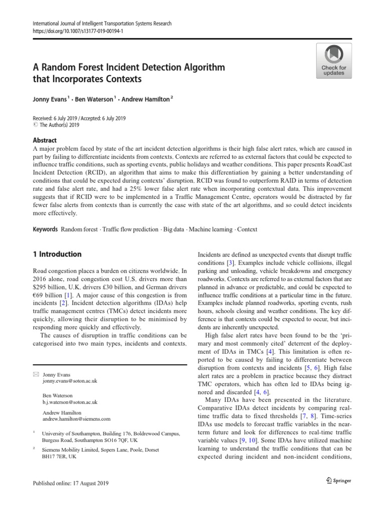 A Random Forest Incident Detection Algorithm That Incorporates Contexts ...