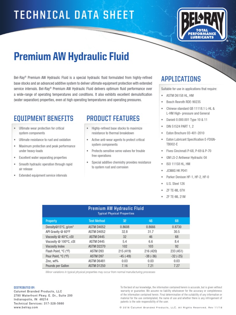 Technical Data Sheet: Premium AW Hydraulic Fluid | PDF | Chemistry ...