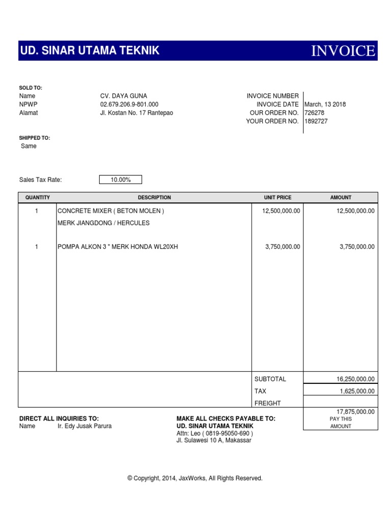 Invoice: Ud. Sinar Utama Teknik | PDF