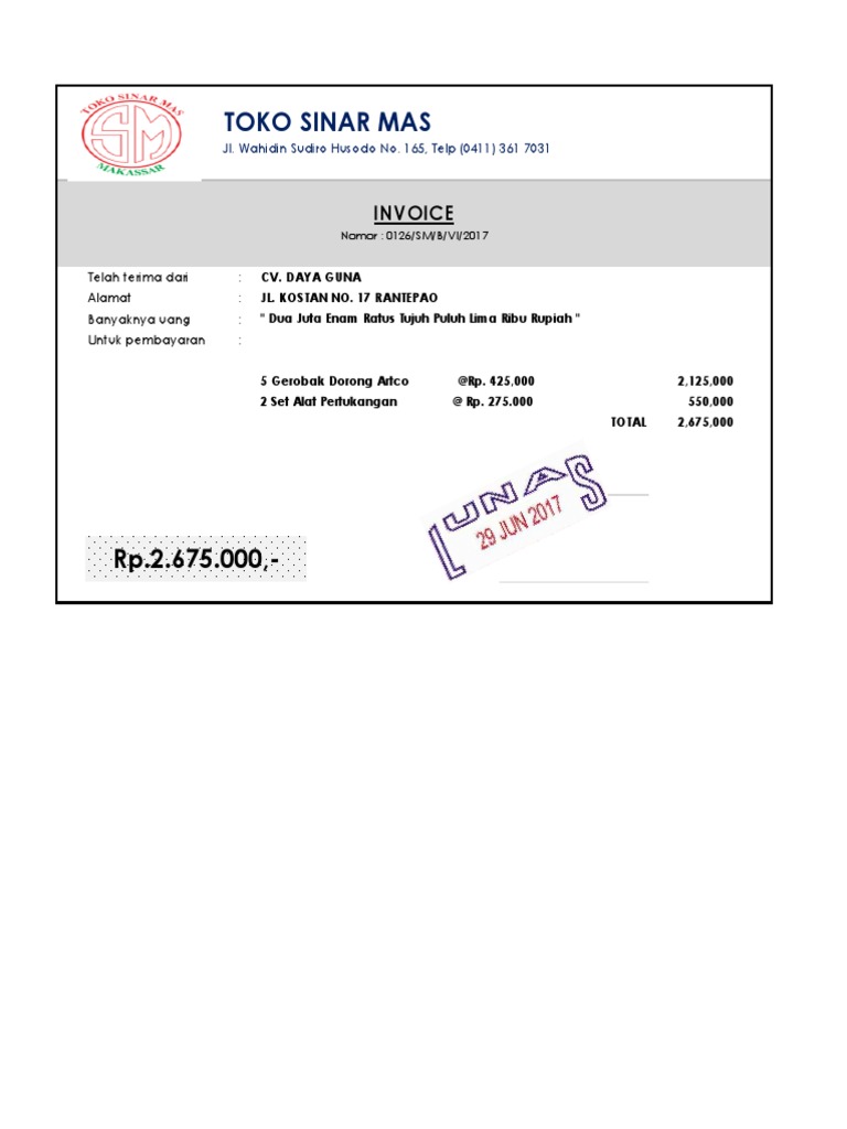 Invoice Pembayaran Toko Sinar Mas | PDF