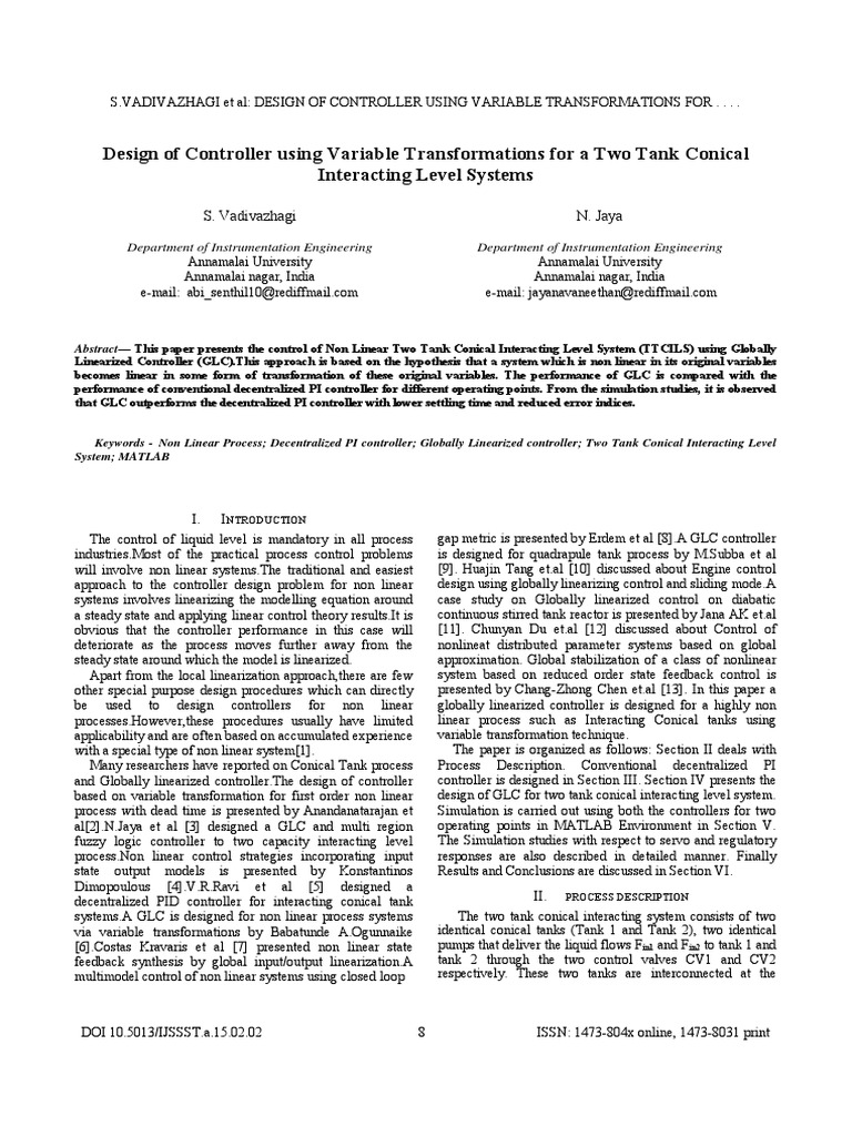 Design of Controller Using Variable Transformations For A Two Tank Conical Interacting Level ...