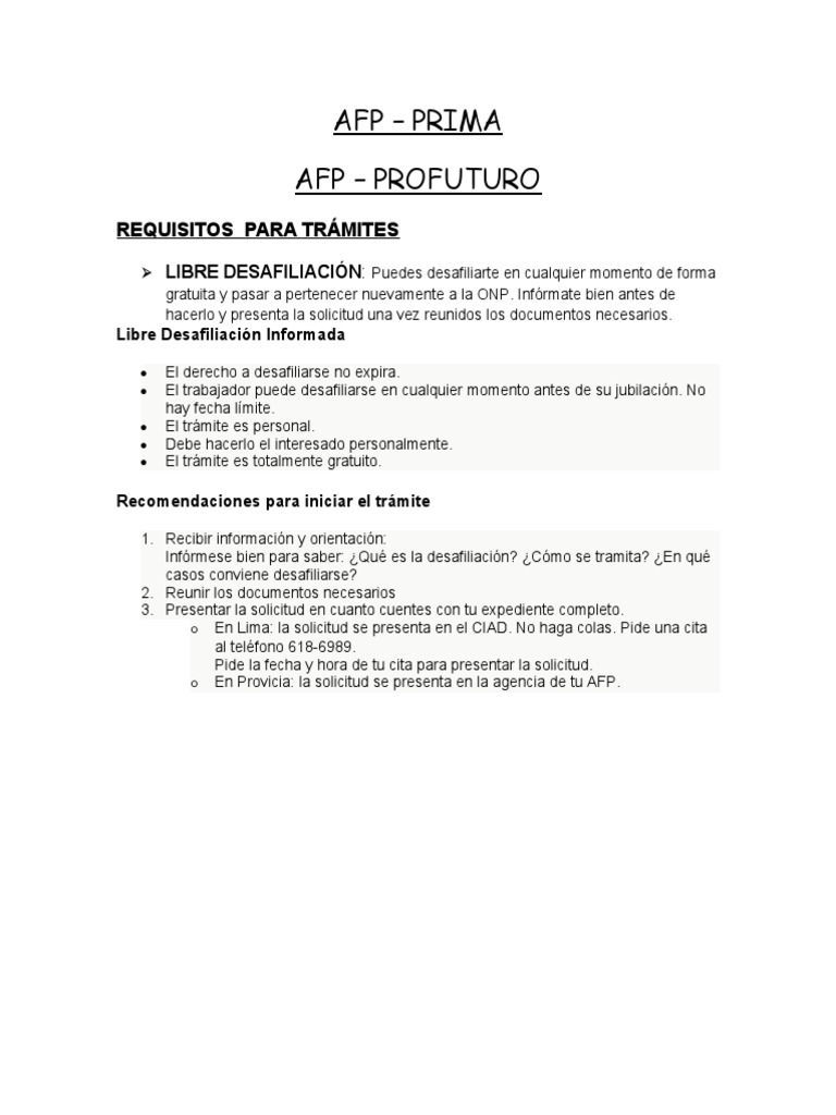 Afp - Prima Afp - Profuturo: Requisitos para Trámites | PDF | Pensión ...