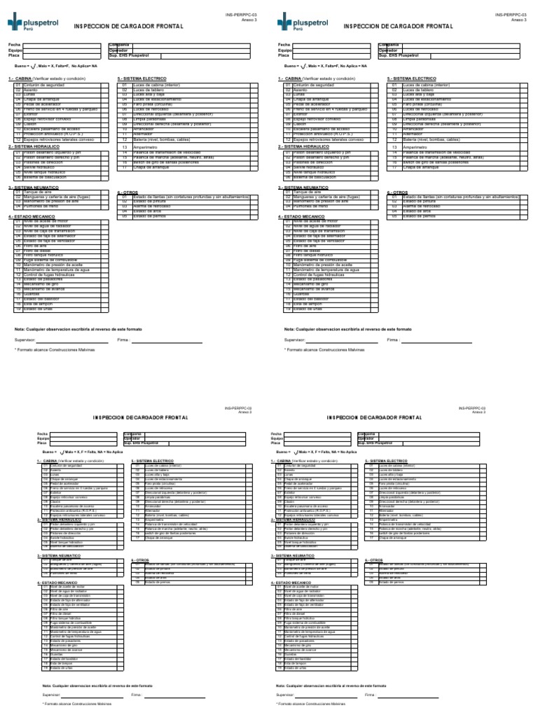 Formato 5. Inspeccion Cargador Frontal PPC | PDF | Motor diesel | Vehículos terrestres