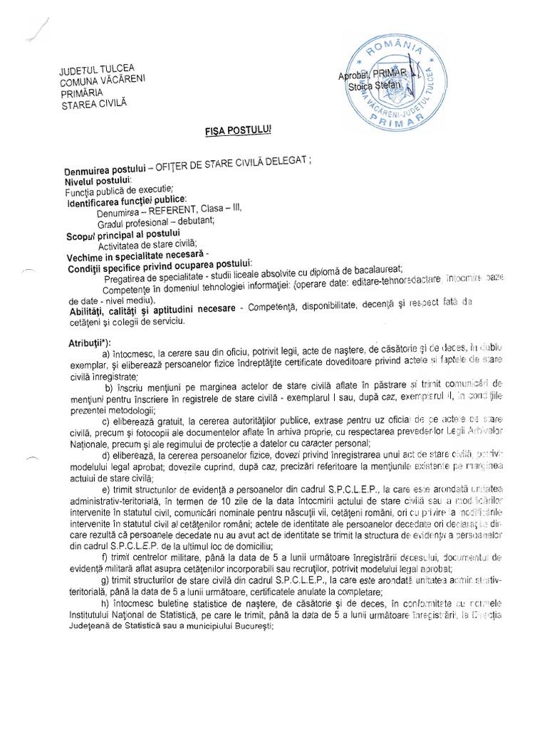 FISA POST Ofiter Stare Civila | PDF