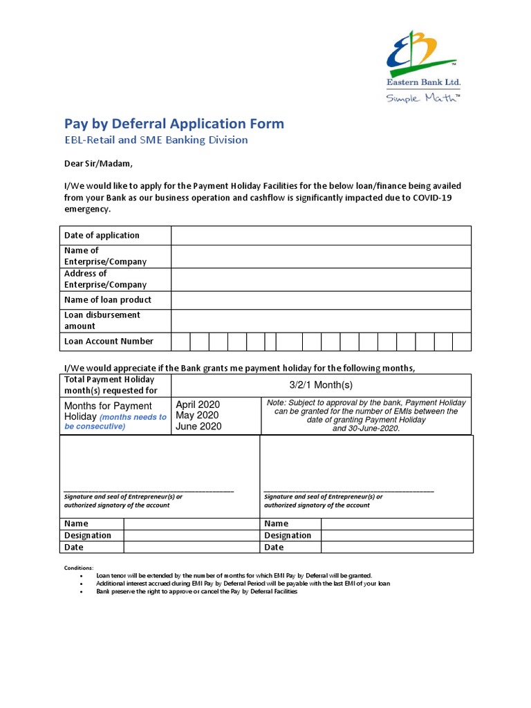 Pay by Deferral Application Form: EBL-Retail and SME Banking Division | PDF