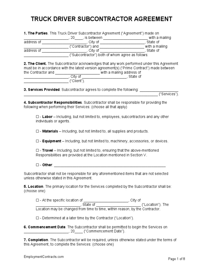 Truck Driver Subcontractor Agreement: Page 1 of 8 | PDF | Indemnity ...