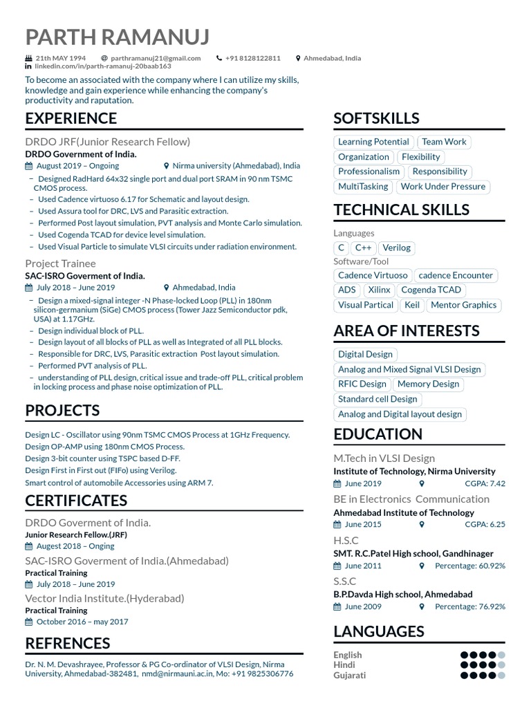 Experienced VLSI Design Engineer resume | PDF | Mixed Signal Integrated ...