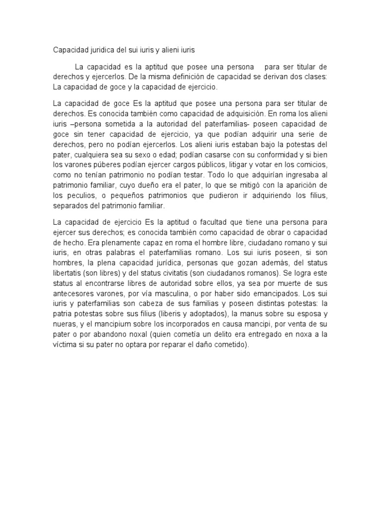 Capacidad Juridica Del Sui Iuris y Alieni Iuris | PDF