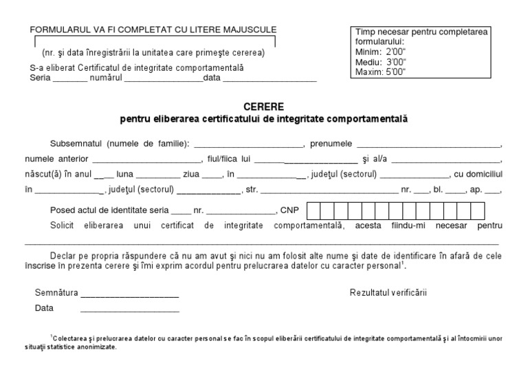 MODEL Cerere Certificat Integritate Comportamentala-Lg. 118 | PDF