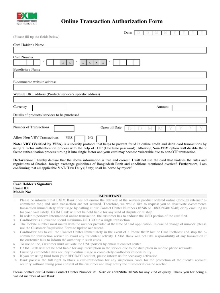 Online Transaction Authorization Form: D D M M Y Y Y Y | Download Free ...