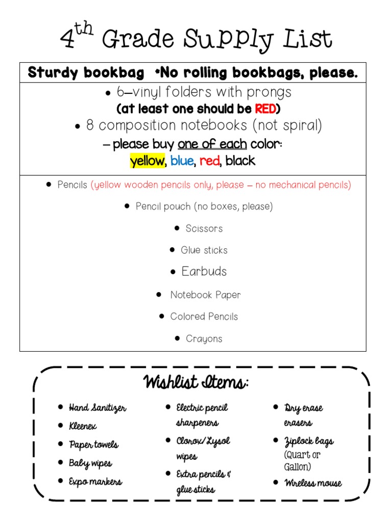 4th Grade Supply List | PDF