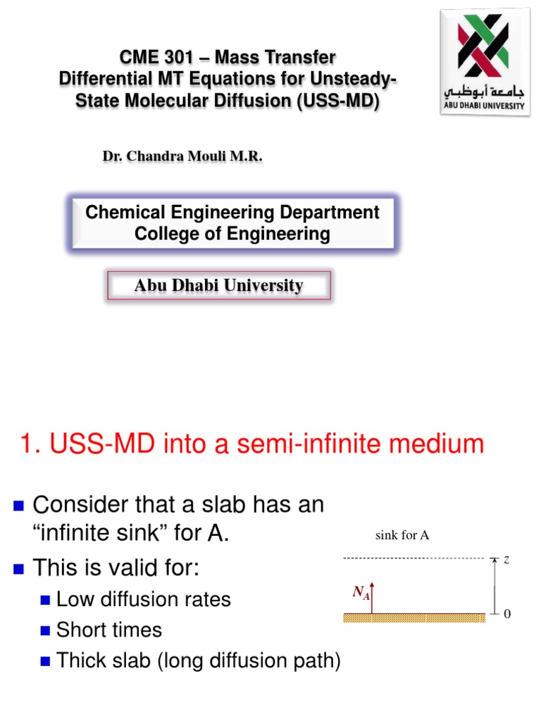CME 301 - Mass Transfer Differential MT Equations For Unsteady-State Molecular Diffusion (USS-MD ...