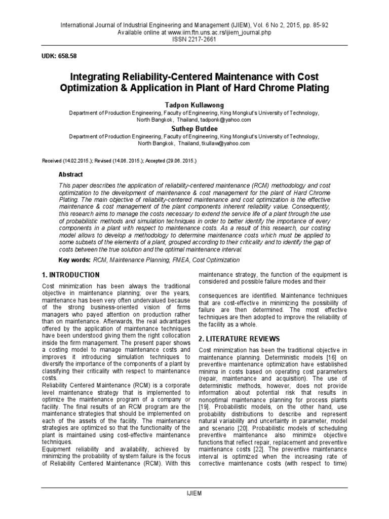 Integrating Reliability-Centered Maintenance With Cost Optimization e Application in Plant of ...