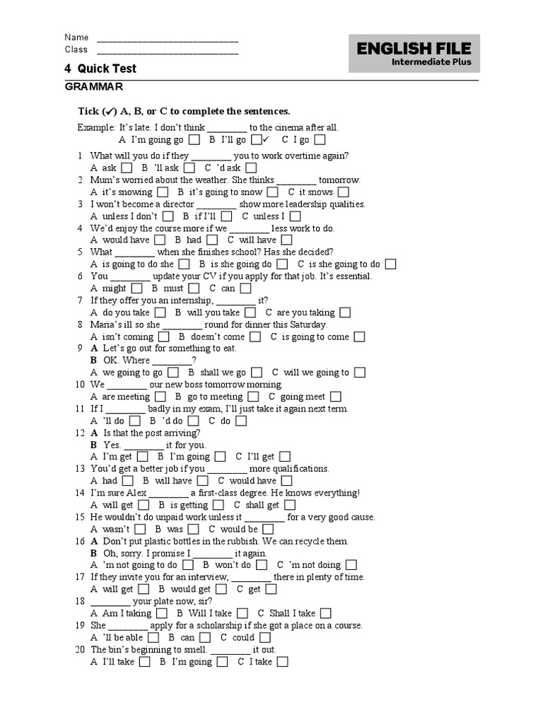 4 Quick Test: Grammar Tick ( ) A, B, or C To Complete The Sentences ...