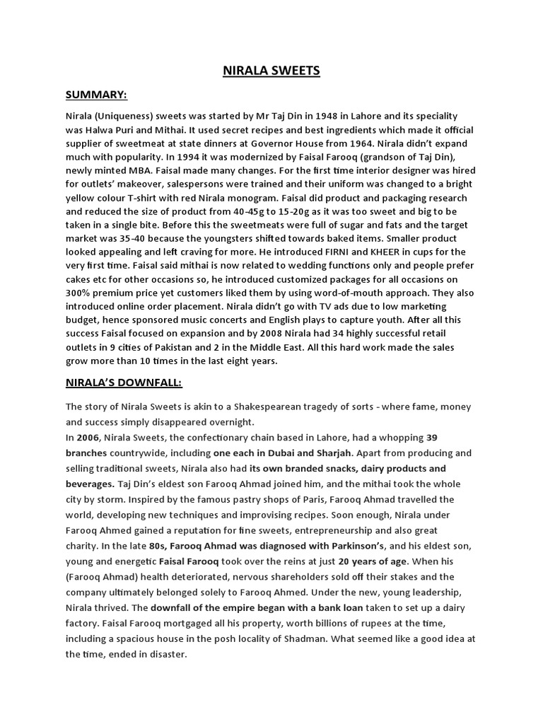 Nirala Sweets: Summary | PDF | Confectionery | Foods