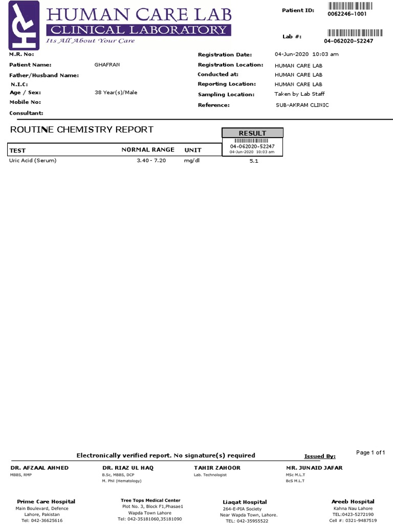 Routine Chemistry Report: Test Normal Range Unit | PDF | Clinical ...