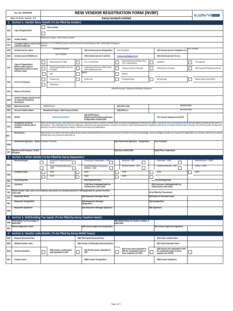 New Vendor Registration Form (NVRF) - Template - V04 | PDF | Business ...