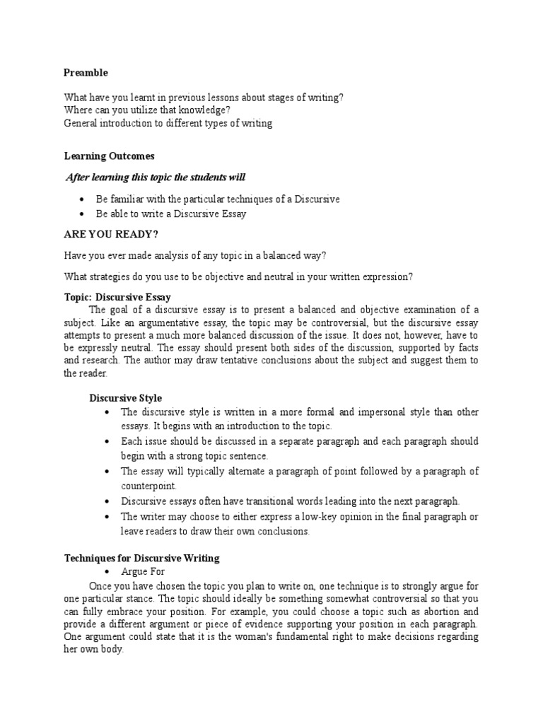 Techniques for Writing a Discursive Essay | PDF | Vegetarianism | Essays
