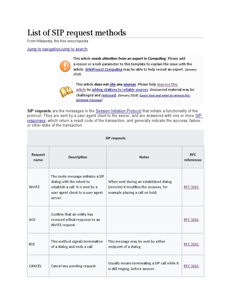 List of SIP Request Methods: Jump To Navigation Jump To Search | PDF ...