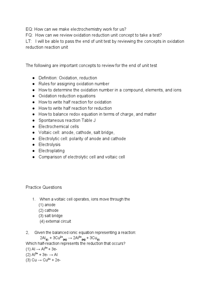 Oxidation-Reduction Test Review | PDF | Redox | Electrochemistry