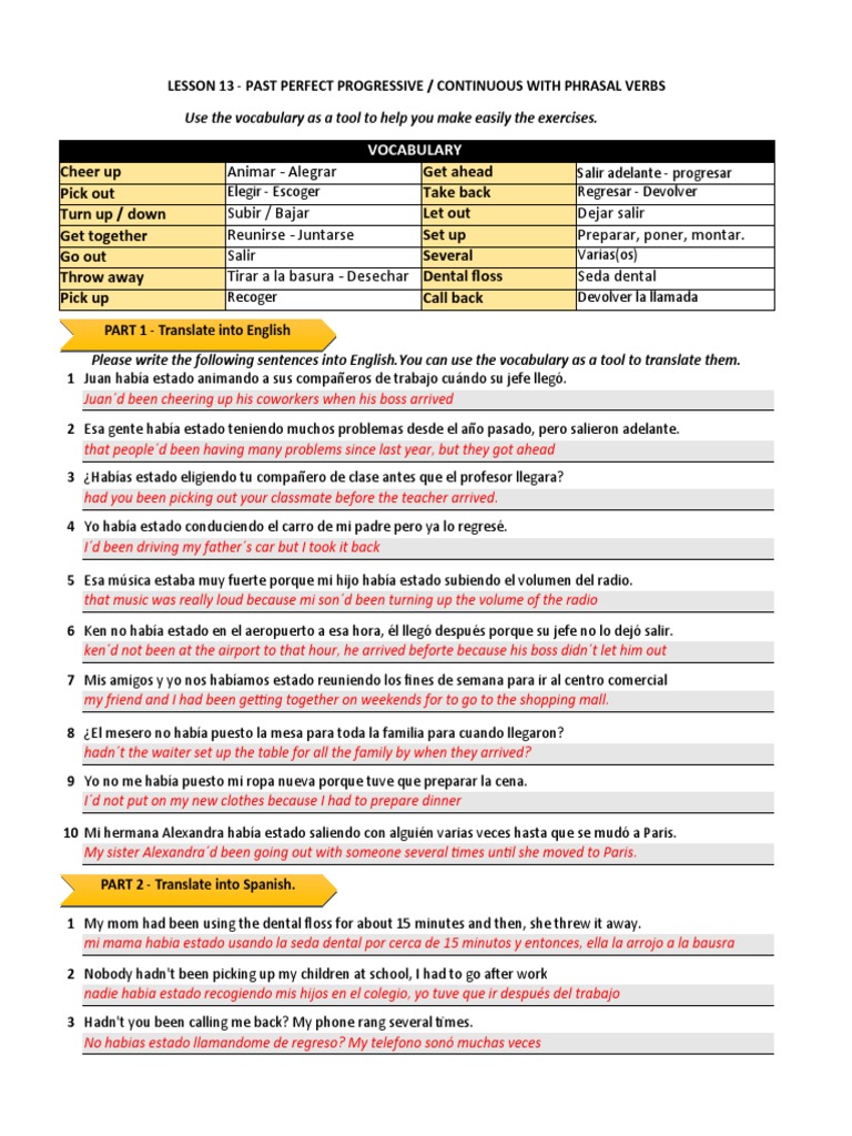 Lesson 13 - Pasado Perfecto Progresivo Con Phrasal Verbs | PDF | Idiomas