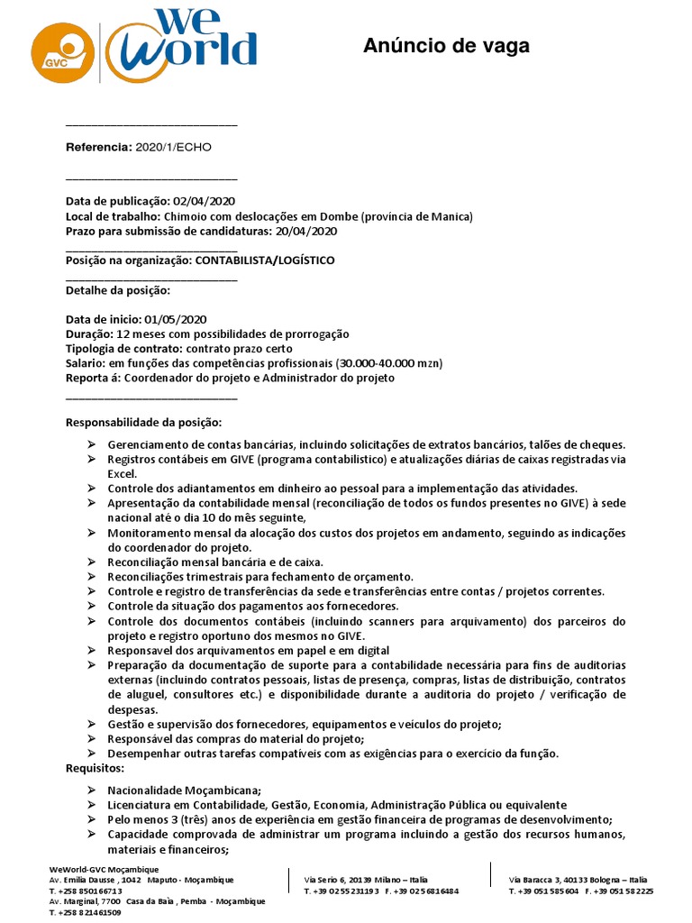 Vaga para Contabilista/Logístico em Chimoio | PDF | Conta de transação ...