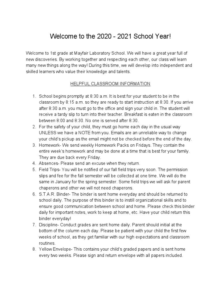 Mayfair Lab 1st Grade Welcome Guide | PDF | Classroom | Education Theory