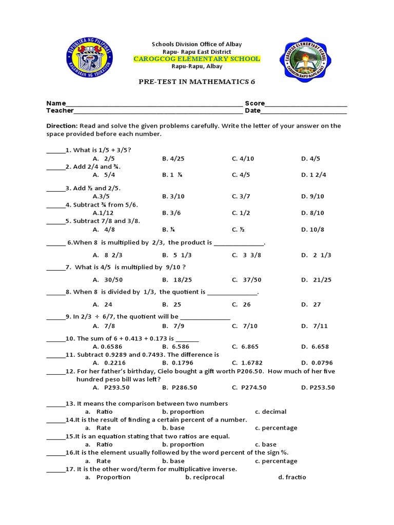 Pre-Test in Mathematics 6 | PDF | Volume | Ratio