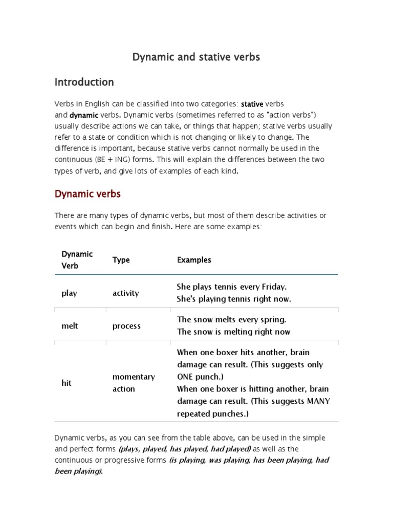 Dynamic and Stative Verbs PDF | PDF | Perfect (Grammar) | English Language