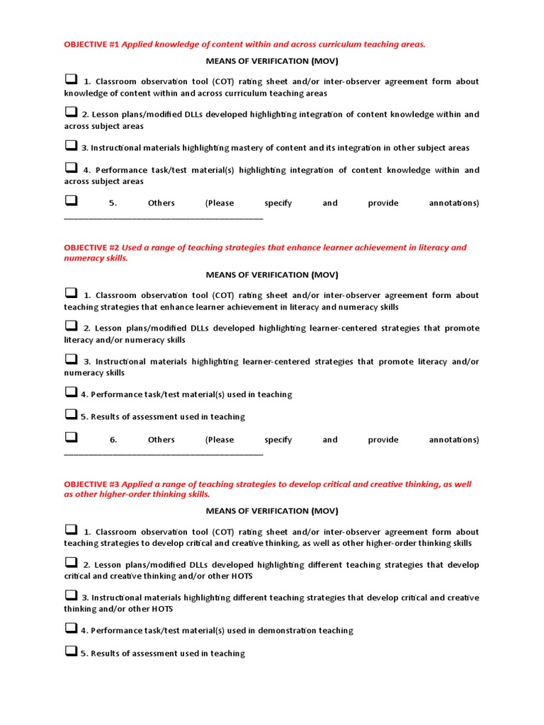 RPMS Objectives and MOVs Checklist | PDF | Lesson Plan | Educational Assessment