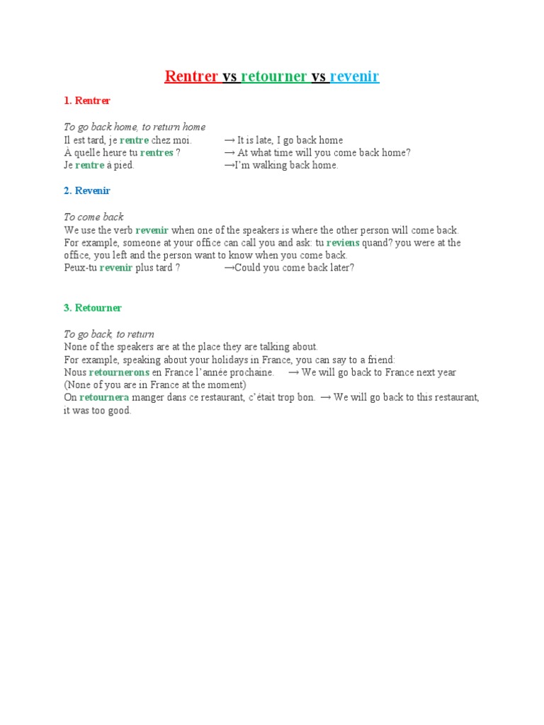 Rentrer Vs Retourner Vs Revenir | PDF