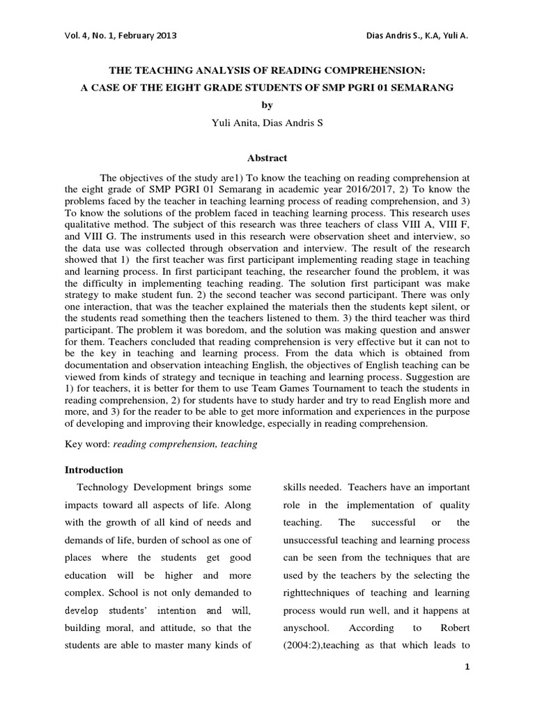 The Teaching Analysis of Reading Comprehension: A Case of The Eight ...