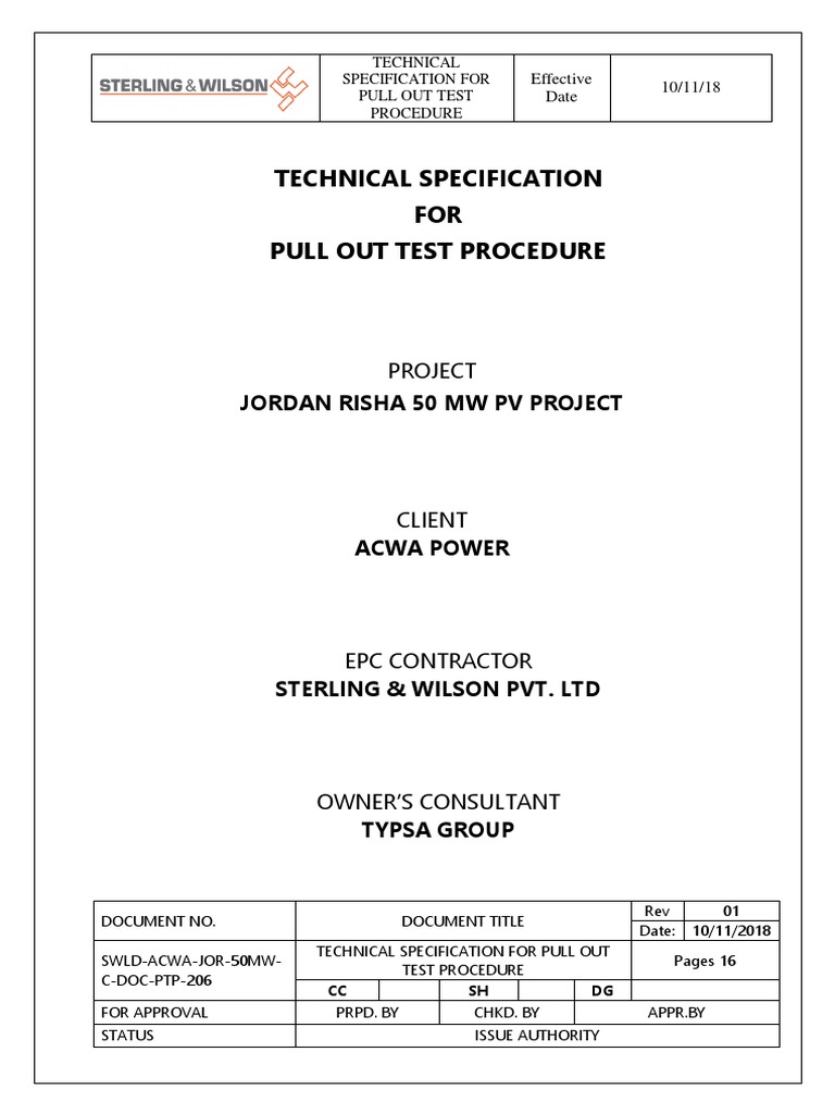 Technical Specification FOR Pull Out Test Procedure: Jordan Risha 50 MW ...
