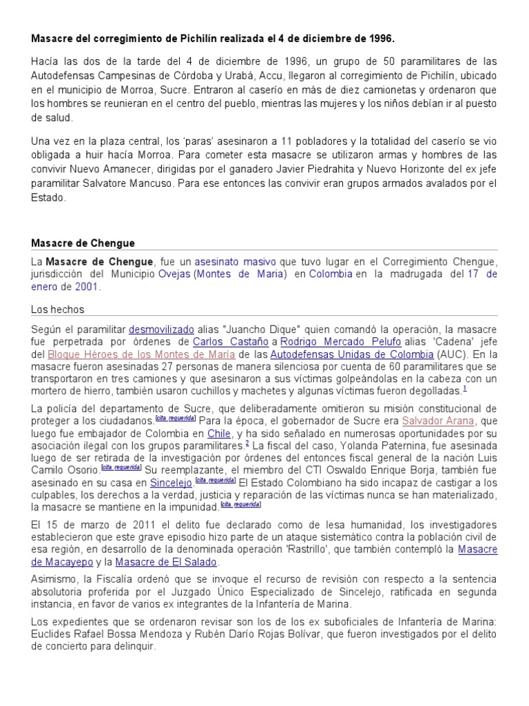 Masacre Del Corregimiento de Pichilín Realizada El 4 de Diciembre de ...