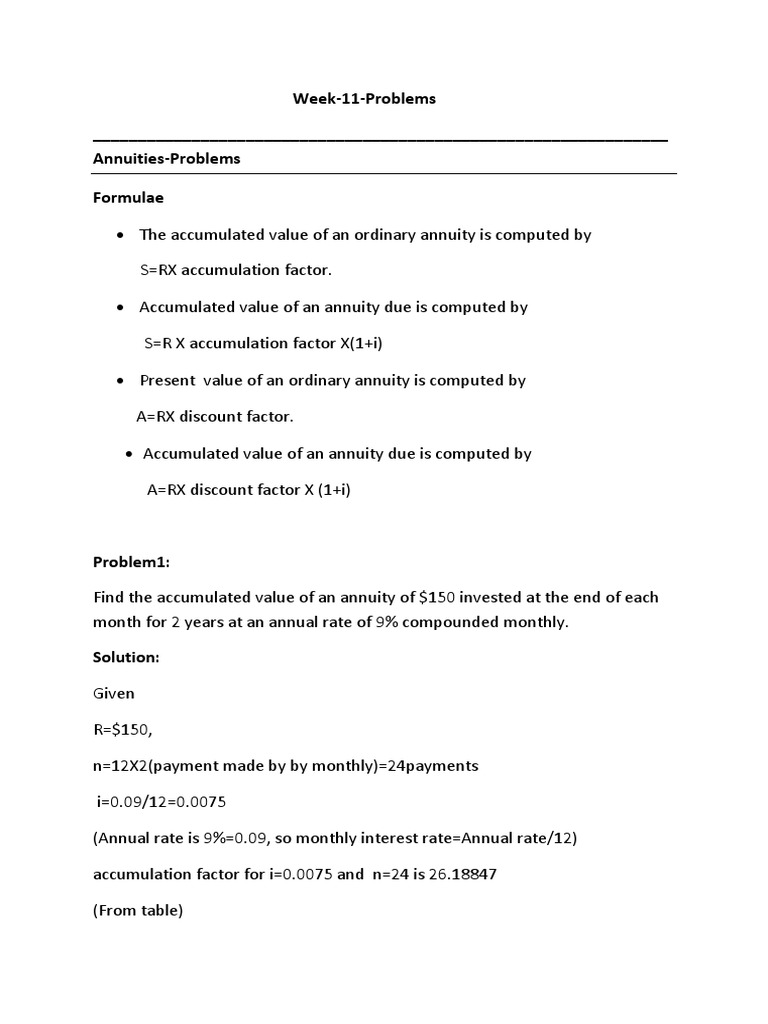 Annuities Problems Worksheet with Formulas and Solutions | PDF ...