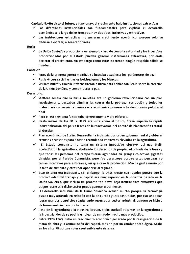 Capítulo 5 He Visto El Futuro y Funciona. RESUMEN ACEMOGLU | PDF | Unión Soviética | Política ...