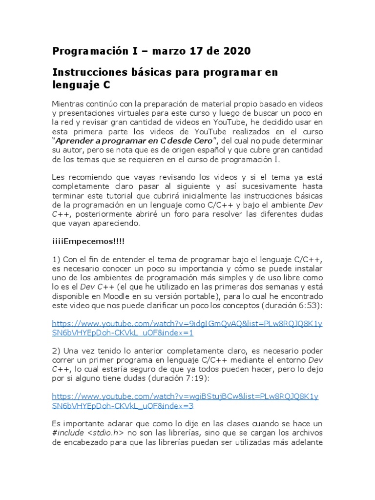 Programación I - Instrucciones Básicas para Programar en C PDF | PDF ...
