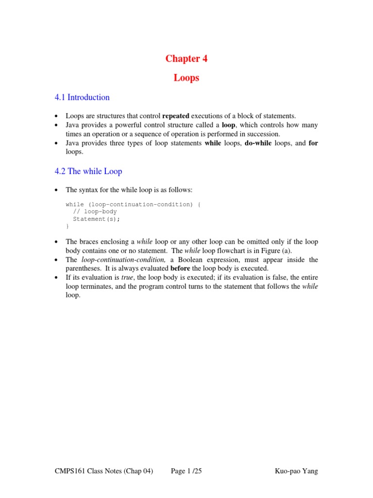 Loops: While (Loop-Continuation-Condition) (// Loop-Body Statement(s ...