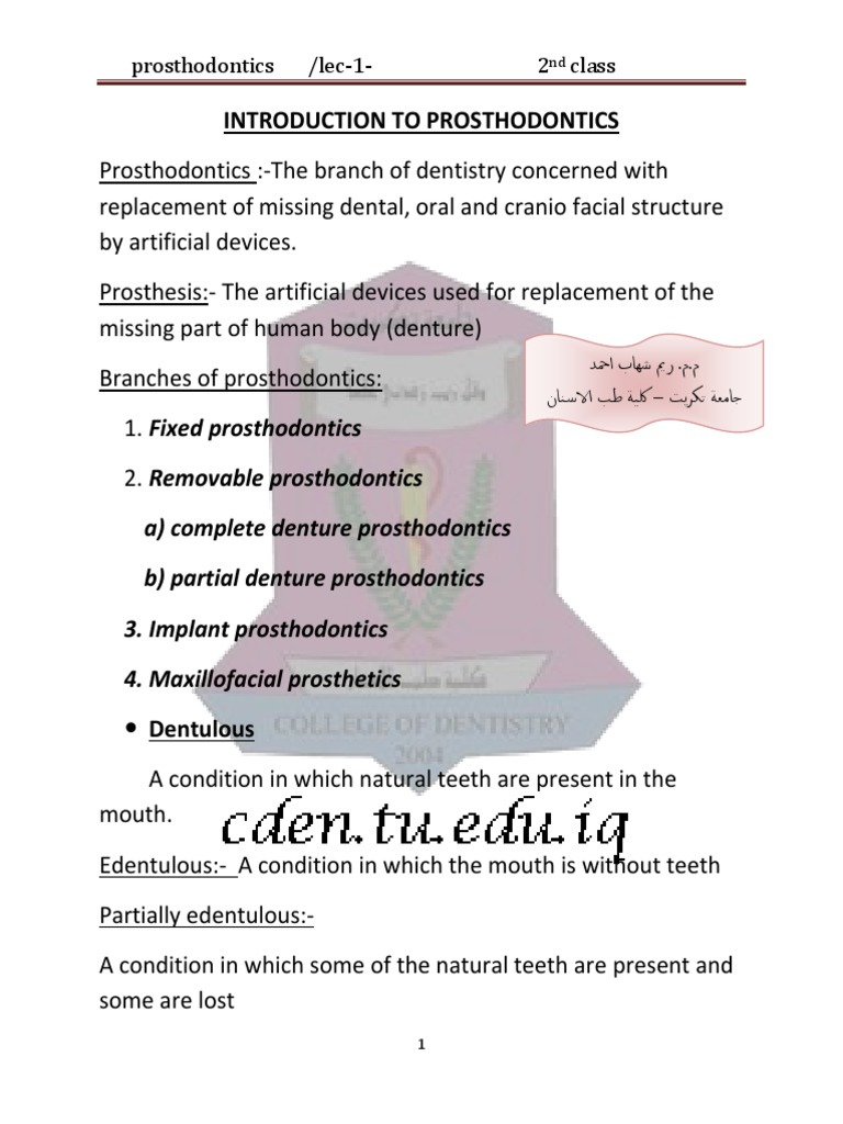 Introduction to Prosthodontics Basics | PDF | Prosthodontics | Dentures