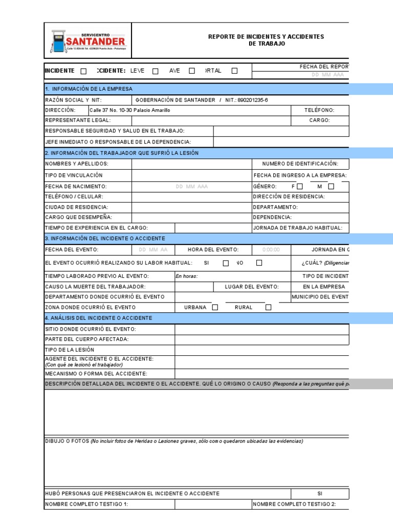 Formato de Reporte de Incidentes y Accidentes de Trabajo | PDF ...